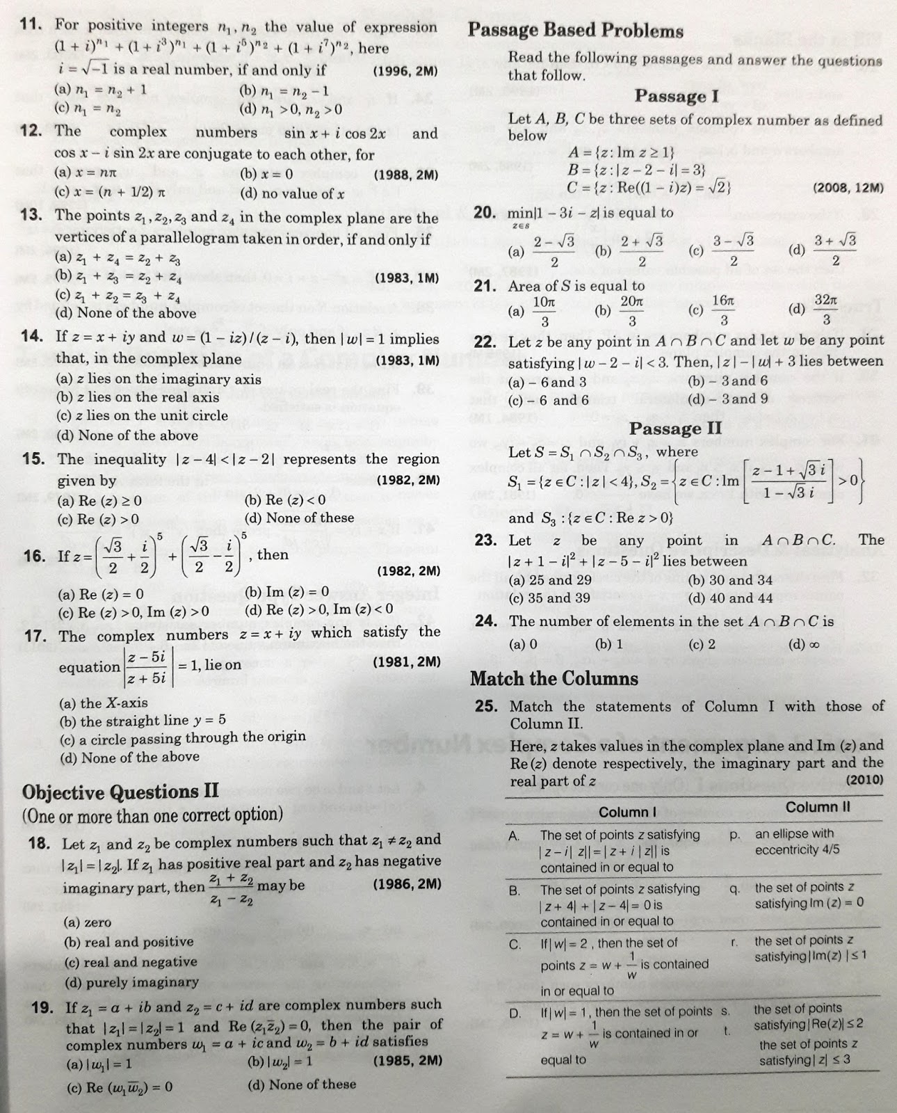 Complex Numbers JEE Advanced 38 Year Previous Year Questions Free PDF ...