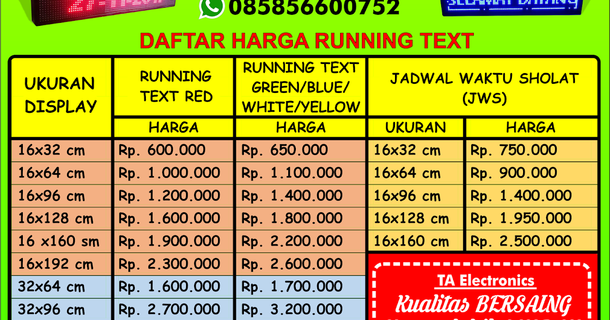 TULUNGAGUNG LED: DAFTAR HARGA RUNNING TEXT TULUNGAGUNG