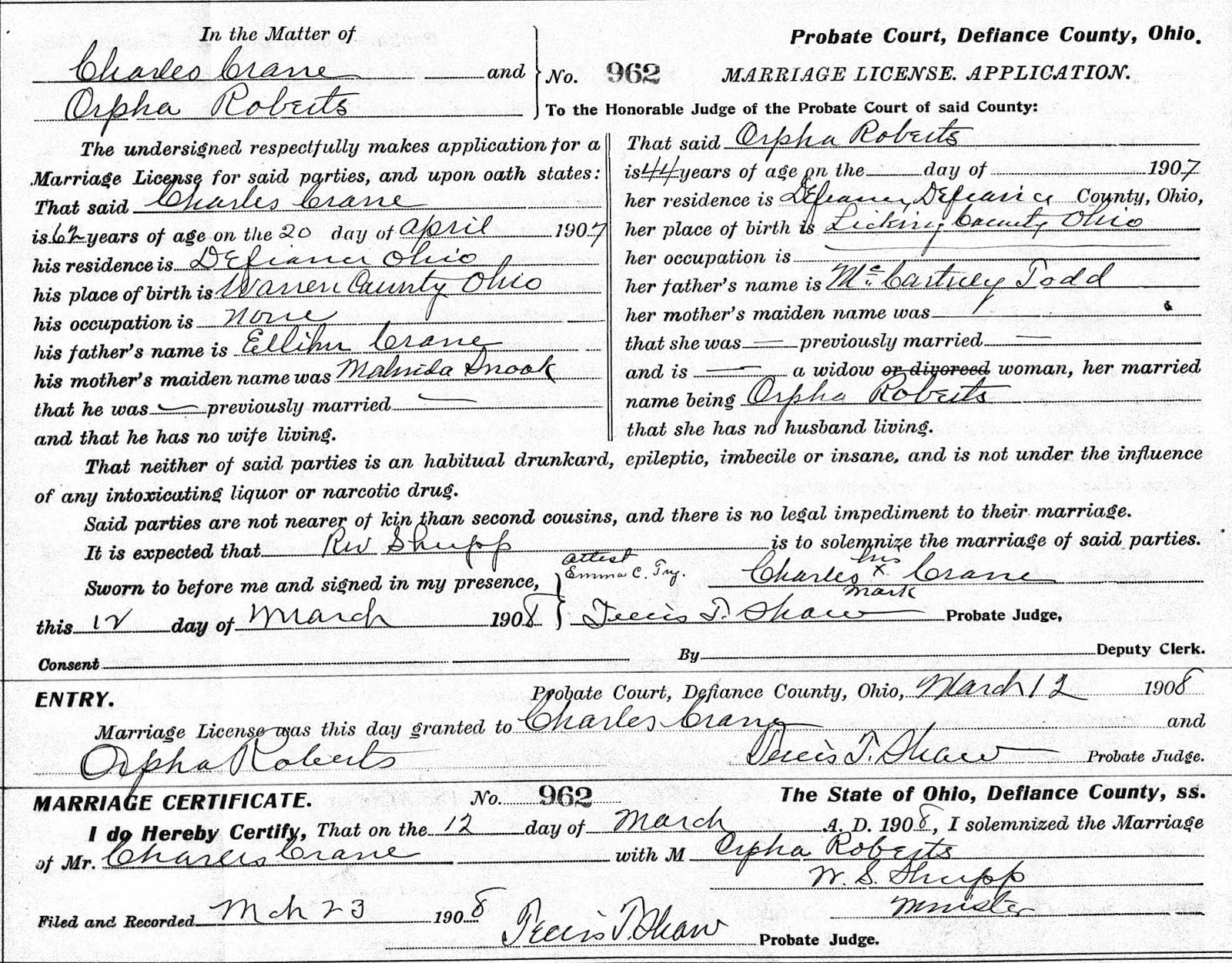 Defiance County, Ohio Genealogy: Charles Crane - Bishop Post, G.A.R.