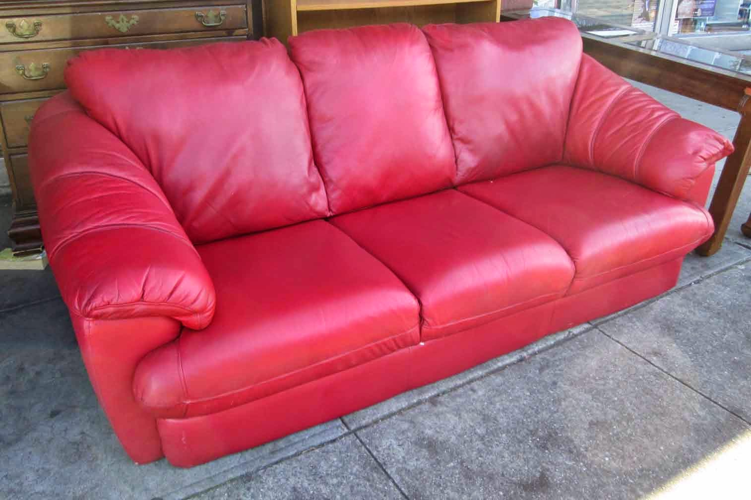 UHURU FURNITURE & COLLECTIBLES: SOLD Low Cherry Red Leather Sofa - $85