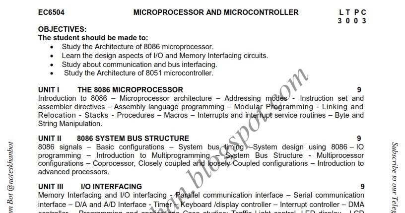EC6504 Microprocessor and Microcontroller- Syllabus-Semester V-ECE-BE-Anna University | ANNA ...