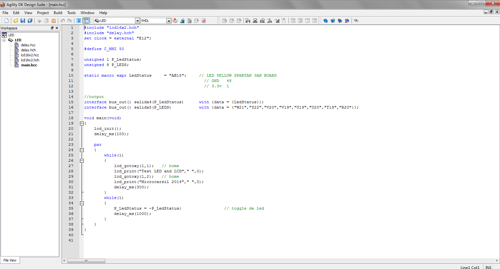 DK Design Suite Handel-C: CONTROL LCD 16x2 CON SPARTAN 3AN