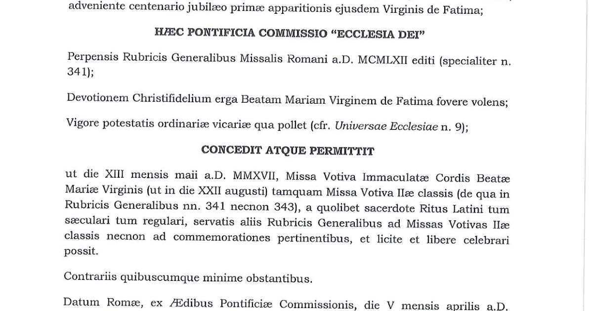 RORATE CÆLI: Ecclesia Dei letter: Mass of Our Lady of Fatima in the ...