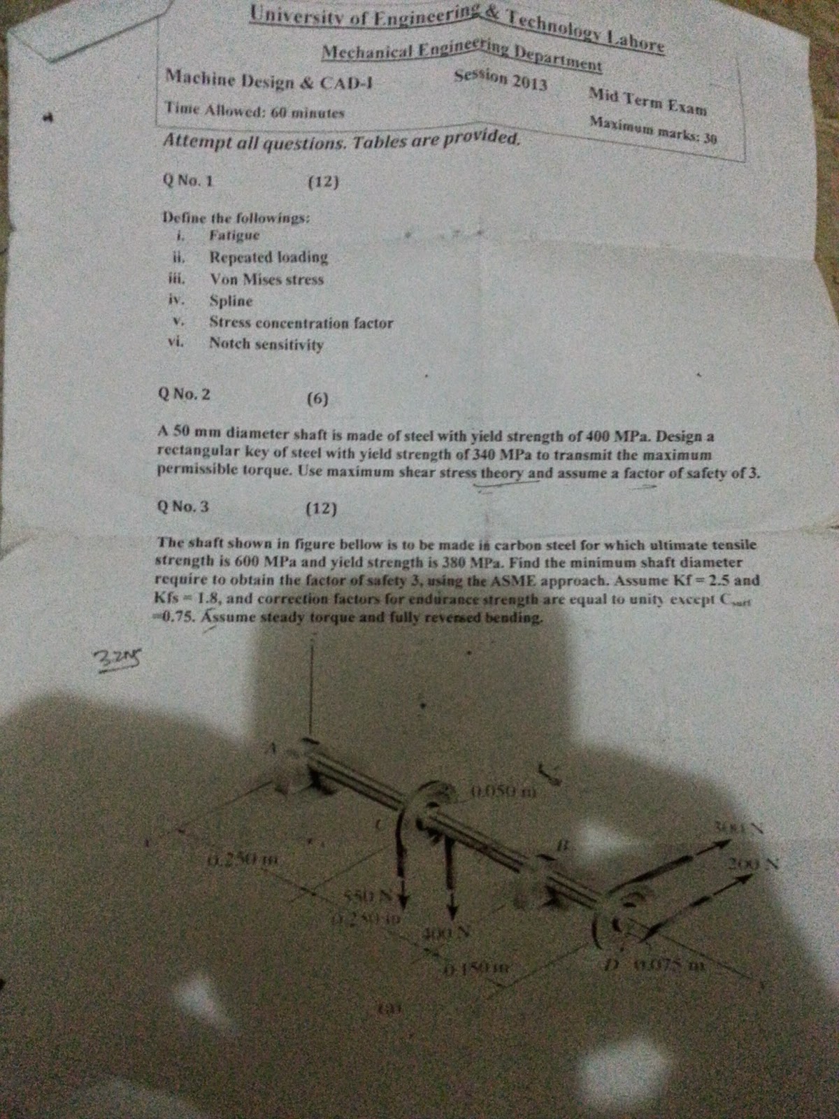 UET Lahore Mechanical Engineering Past Papers