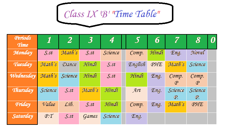 Time Table Of Class Ix B