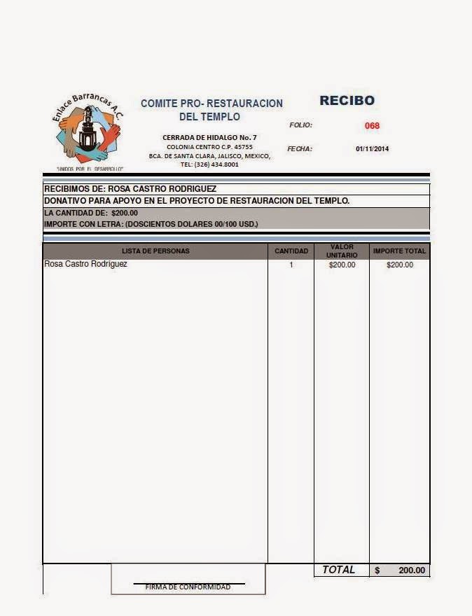 Barranca De Santa Clara Recibos De Donaciones Pro RestauraciÓn 66 Al 69