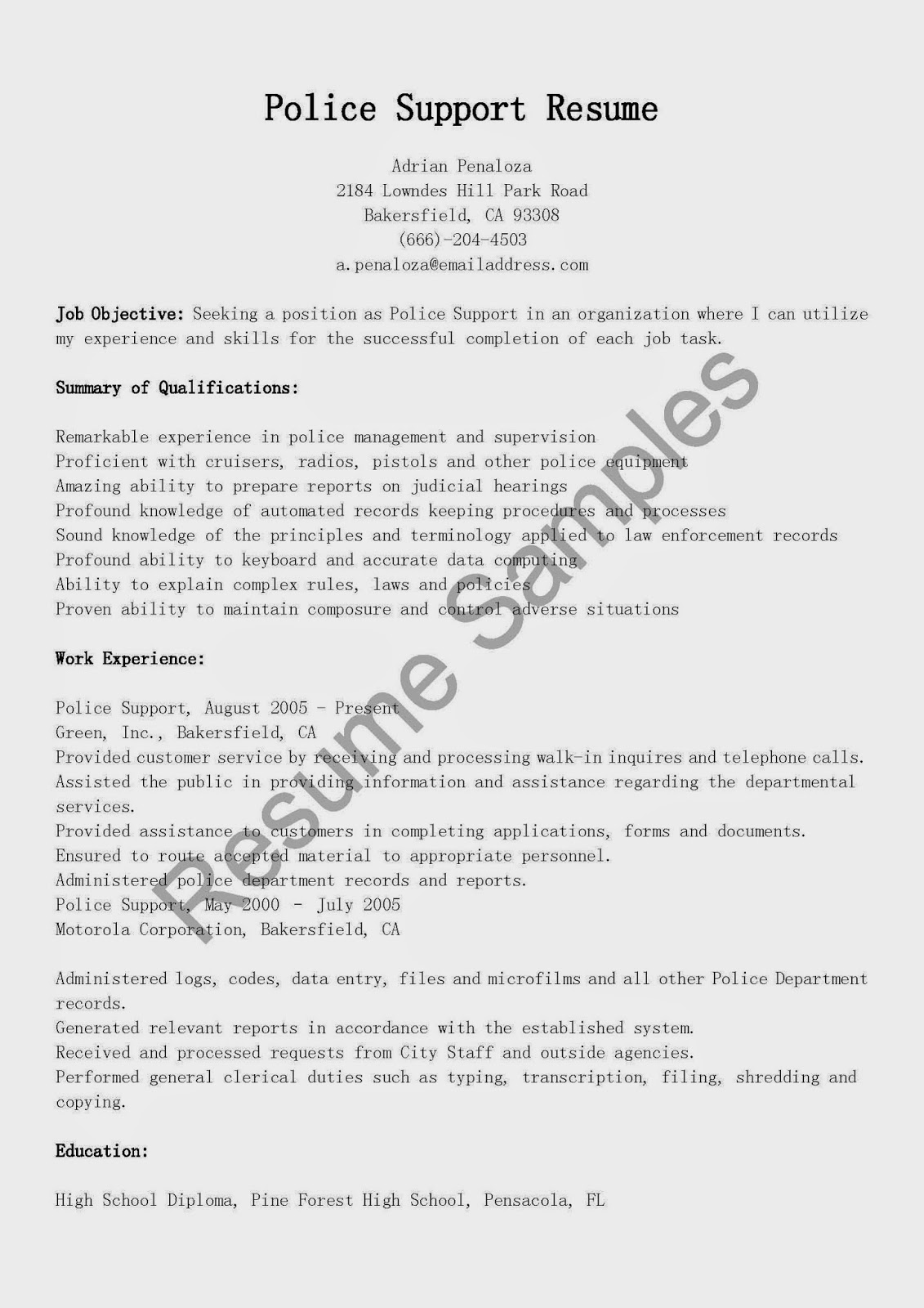 Resume Samples: Police Support Resume Sample