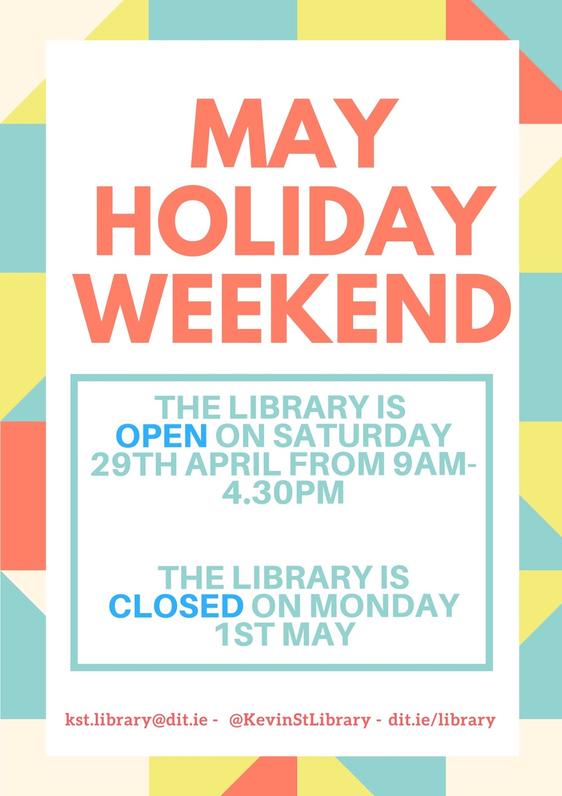 TU Dublin Kevin St Library: May holiday weekend opening hours (Saturday ...