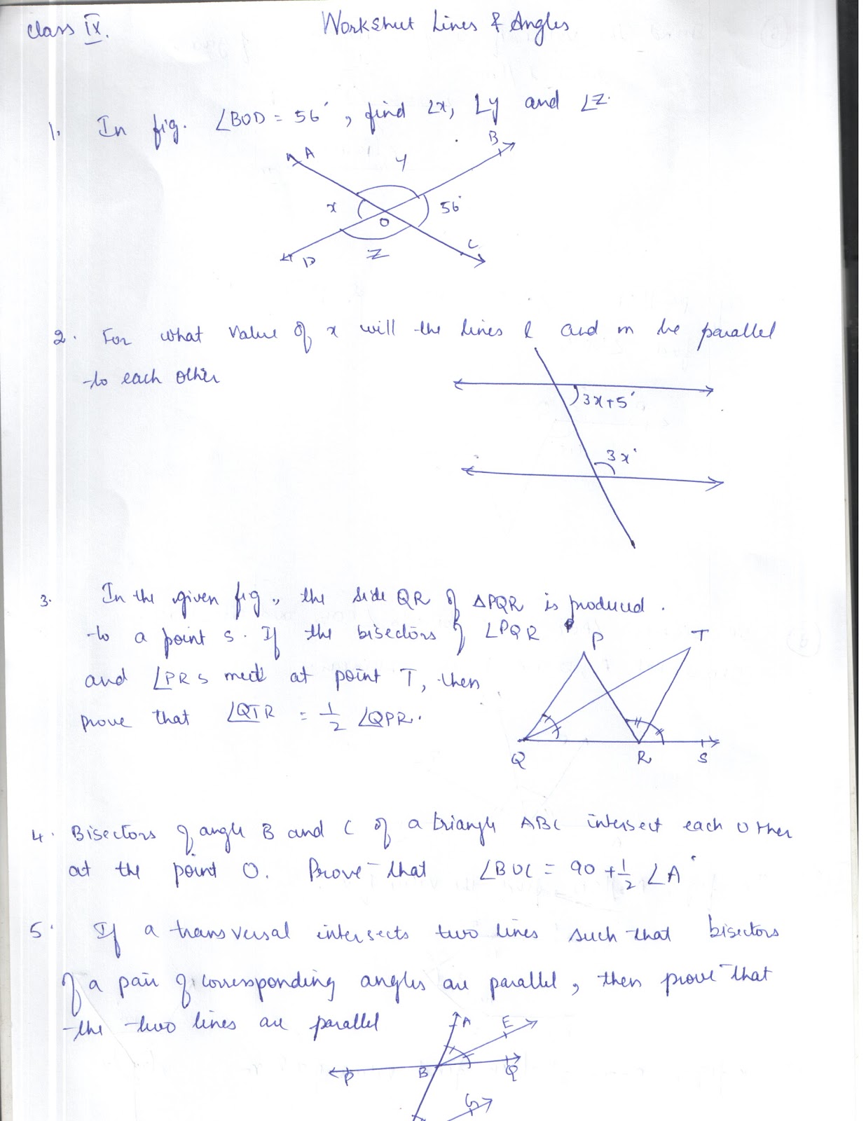 Ruhi Sakina: Class IX :Work Sheet On Lines And Angles