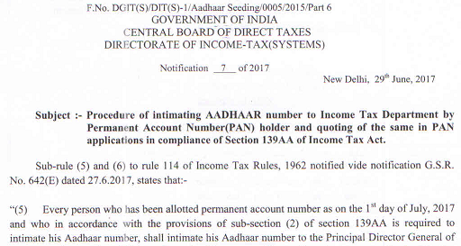 Procedure of intimating AADHAAR number to ITD by PAN holder and quoting ...