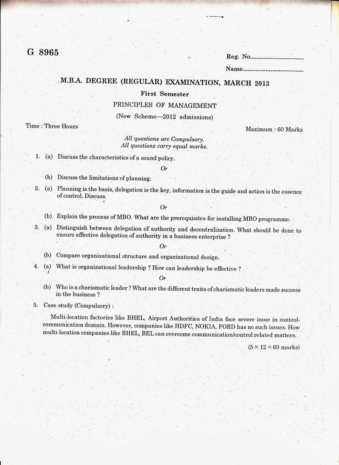 MARIAN LIBRARY: M G University first semester MBA question papers 2013