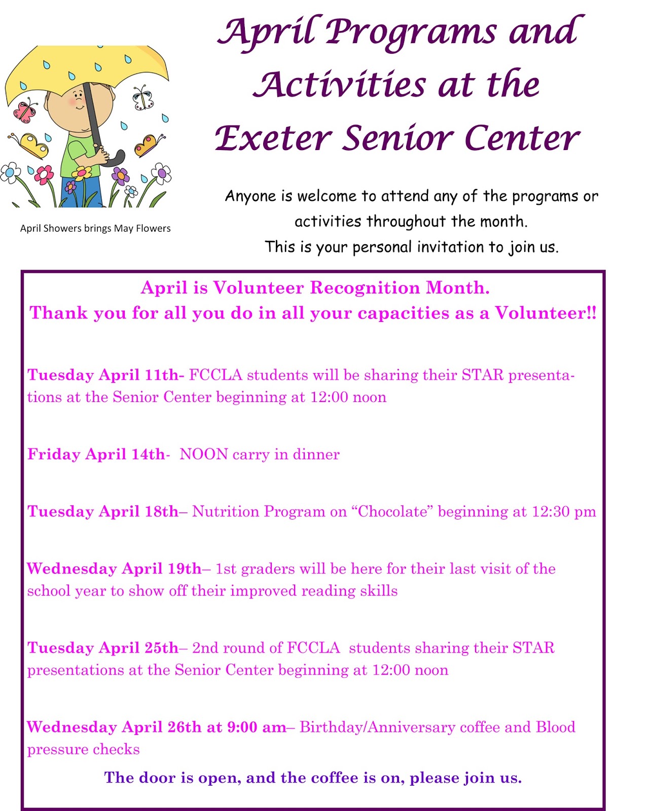 Village of Exeter: Exeter Senior Center Newsletter and Activities