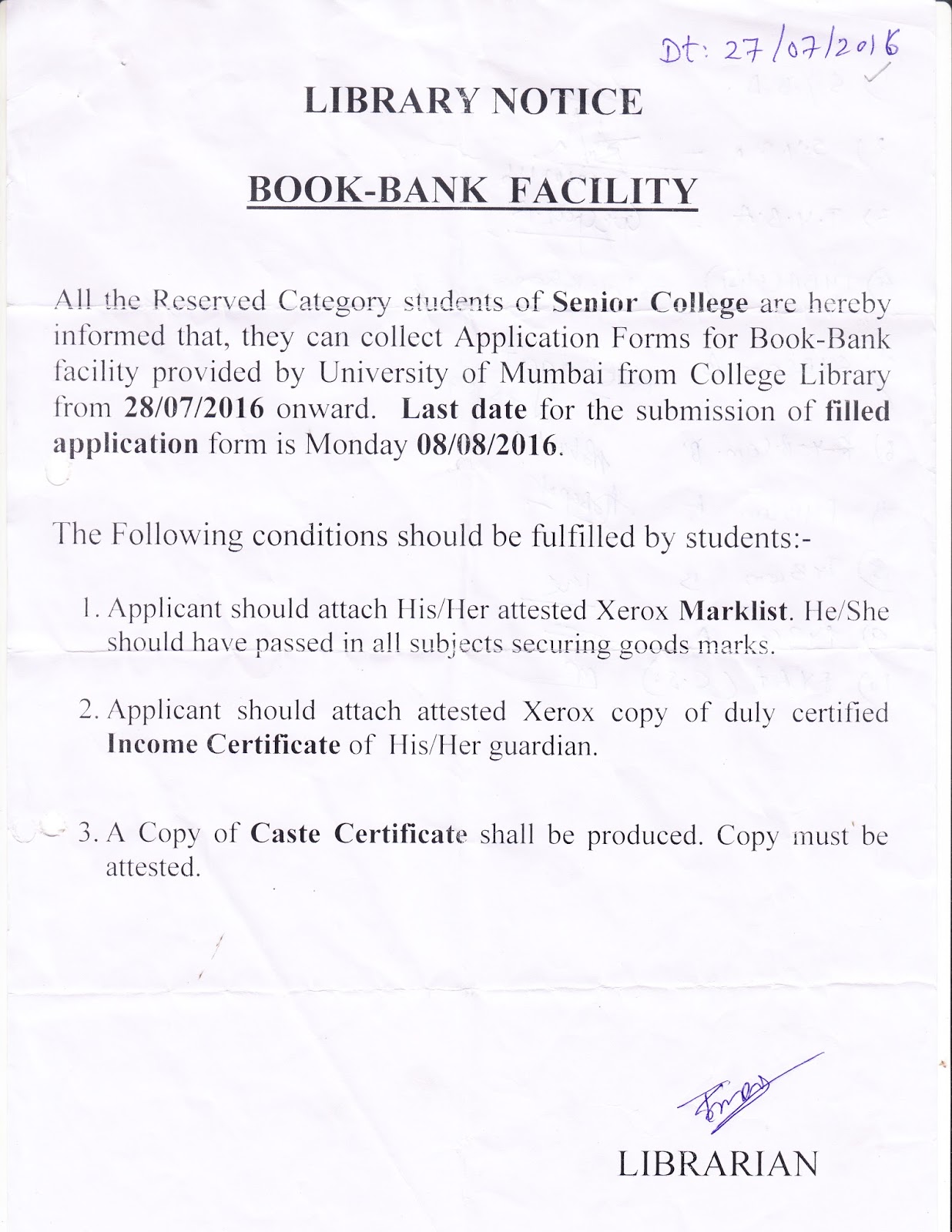 Library : Pragati College of Arts & Commerce: Book Bank Notice