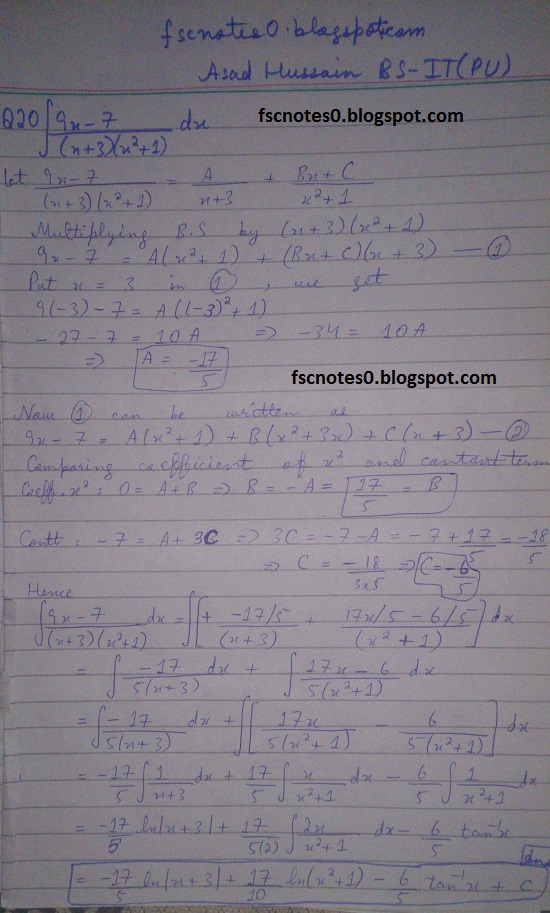 Fsc Ics Notes Math Part 2 Chapter 3 Integration Exercise 3 5 Question 12 22