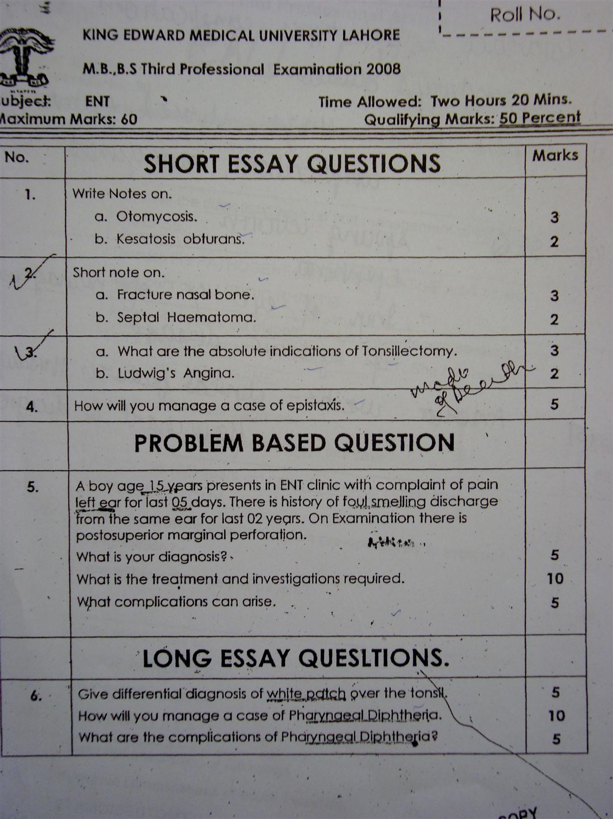 4th Year: ENT Past Papers Sendups Prof