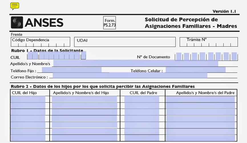 Formulario Anses P.S.2.73 Solicitud de Percepción de Asignaciones Familiares - Madres en pdf ...