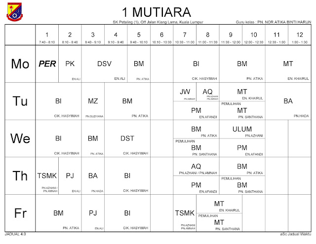 Jadual Waktu Kelas 2016 | SEKOLAH KEBANGSAAN PETALING 1
