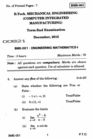 IGNOU BME-001 Engineering Mathematics I Dec 2015 Question Paper ...