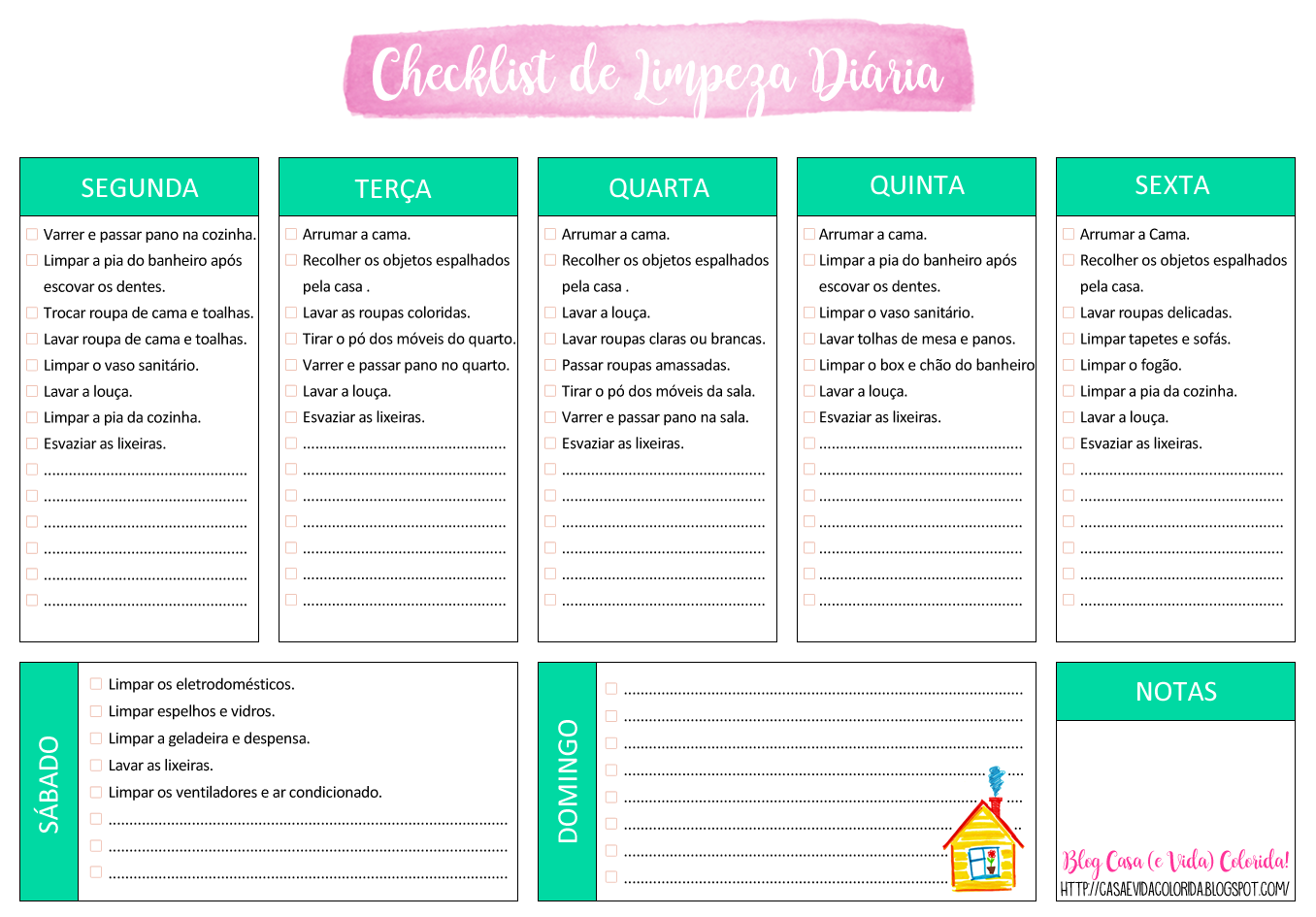 Casa (e Vida) Colorida!: Freebie: Checklist de Limpeza Diário