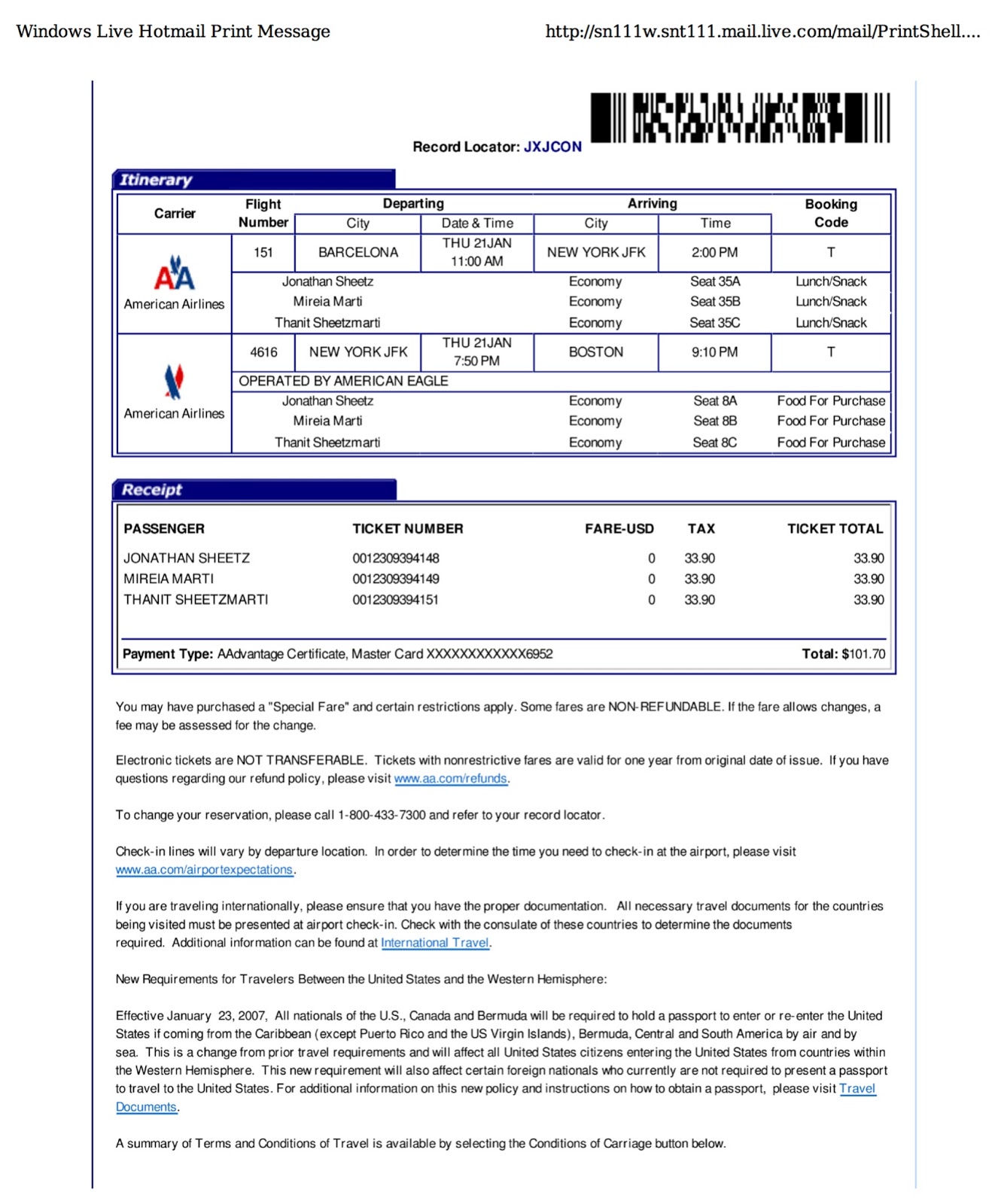 Return Ticket for January 21, 2010