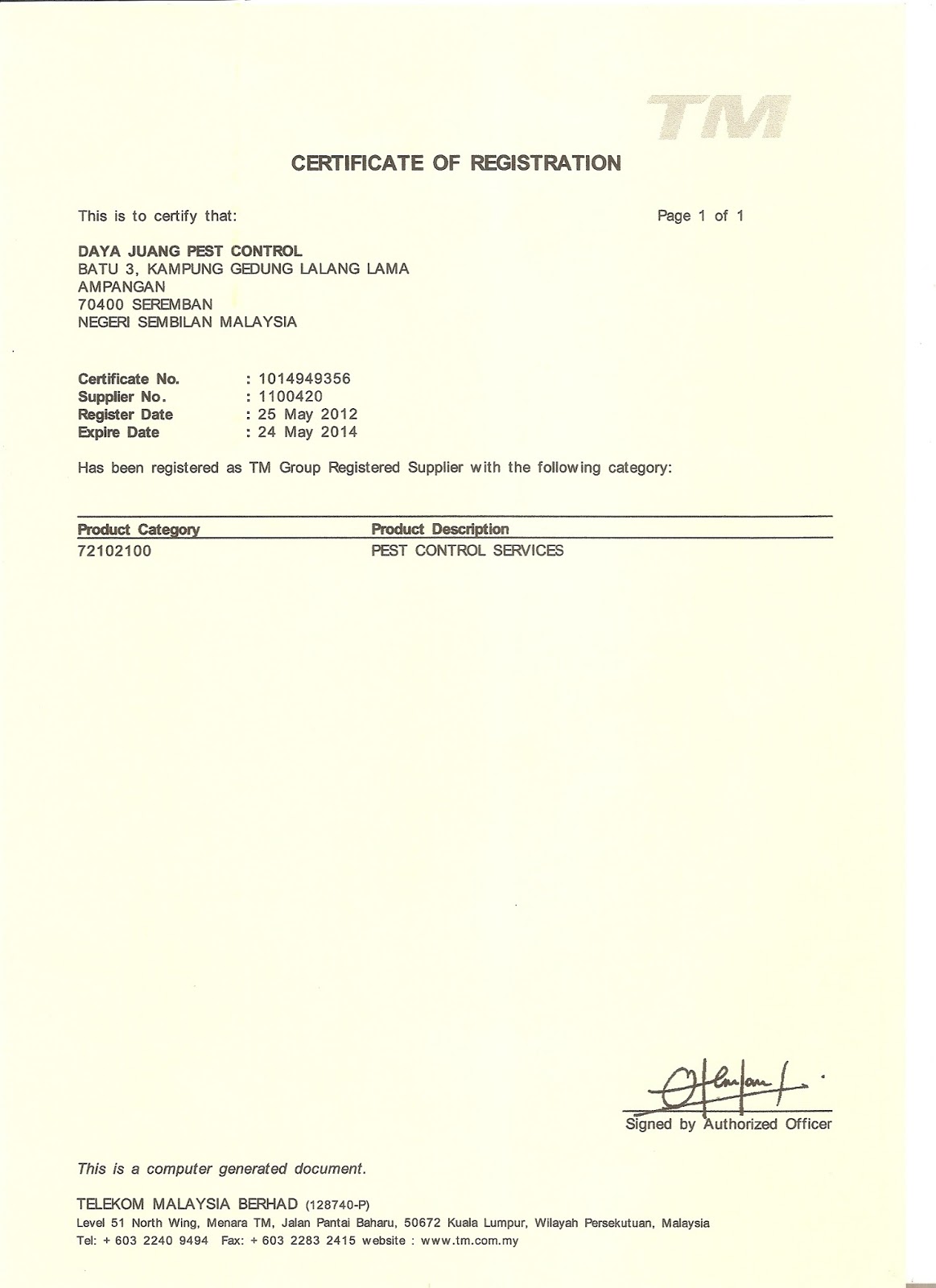 DAYA JUANG PEST CONTROL: SIJIL PENDAFTARAN DAN KEWANGAN