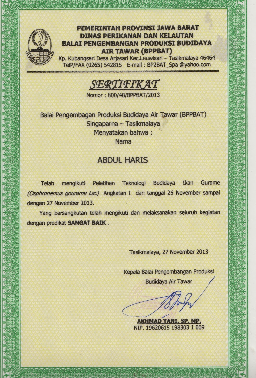 SERTIFIKAT PELATIHAN BUDIDAYA GURAME