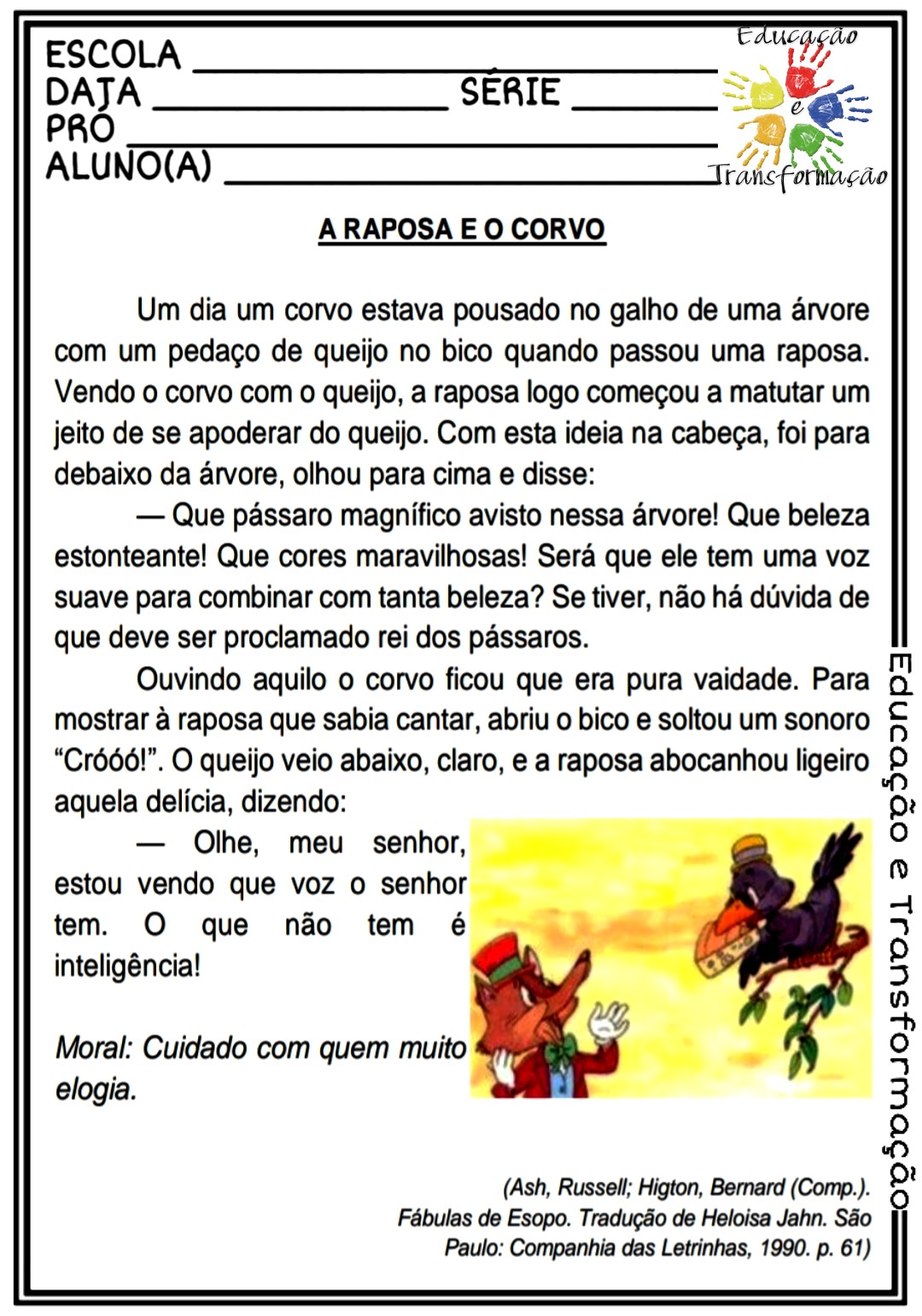 Fábula: A raposa e o corvo Atividade com o gênero textual fábula de ...