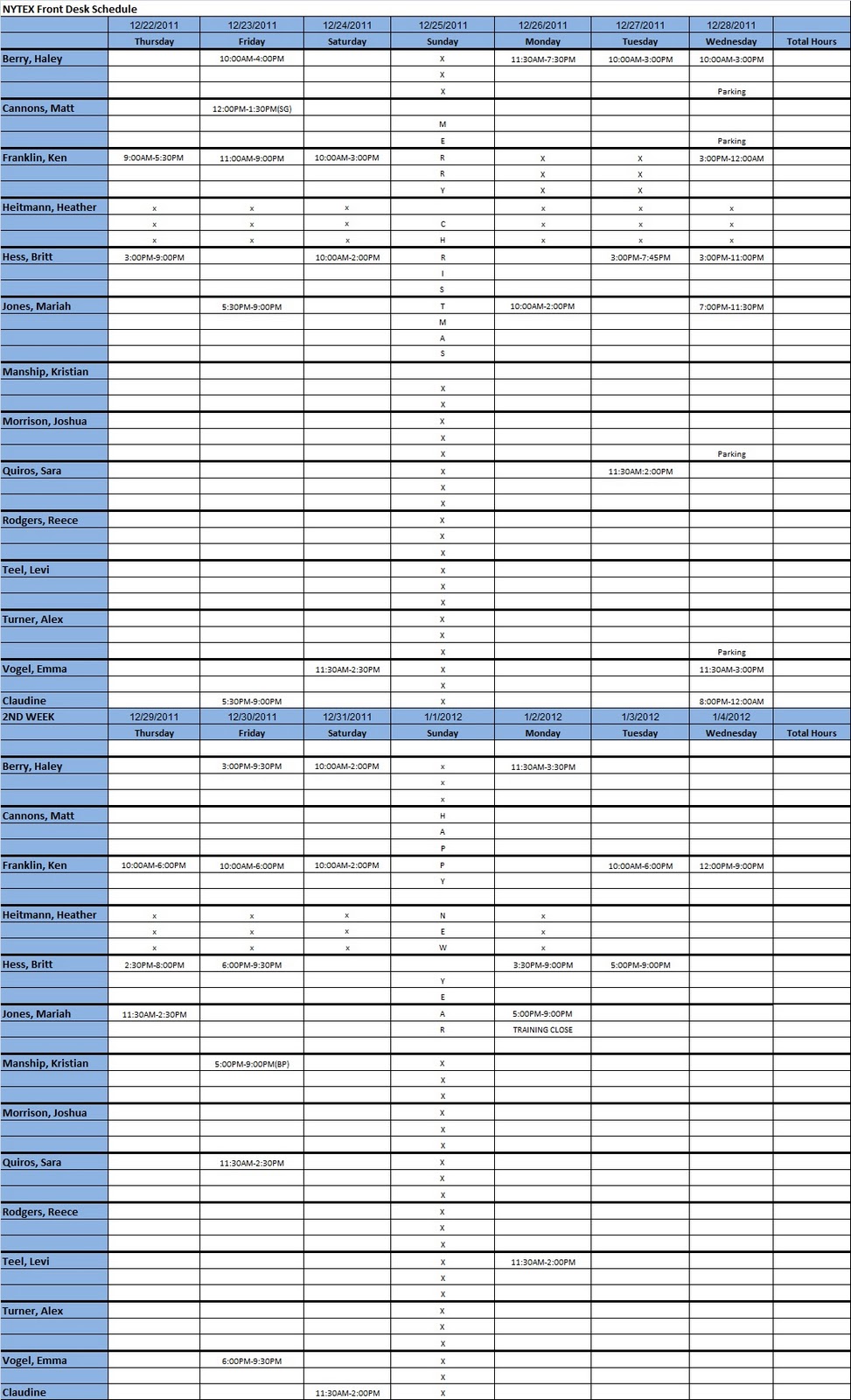 Front Desk and Score Keeper Schedules