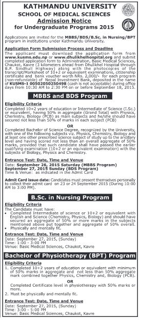 Admission Notice for Undergraduate Program 2015- Kathmandu University