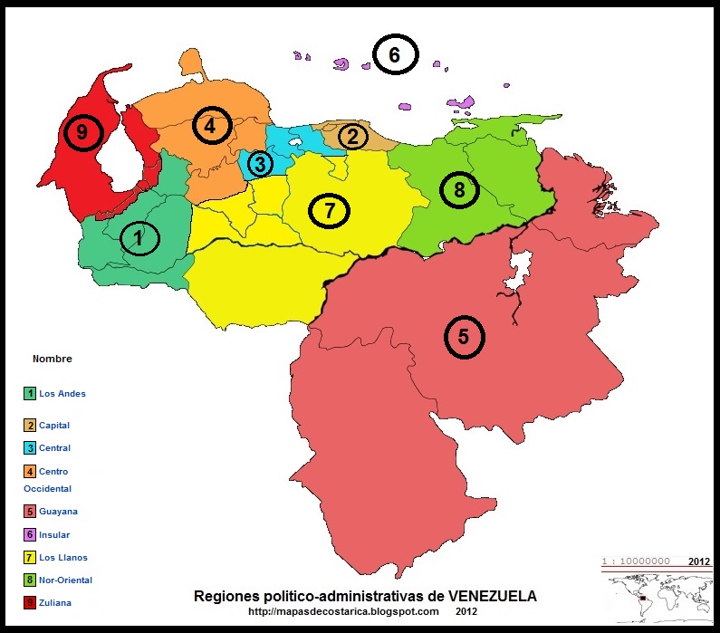 Mapa con los nombres de las Regiones politico-administrativas de VENEZUELA