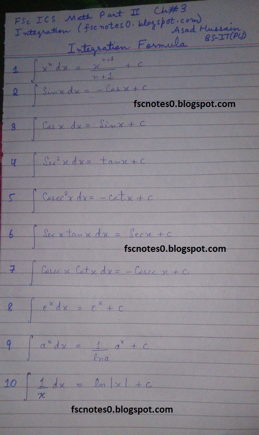 FSc ICS Notes Math Part 2 Chapter 3 Integration Formula