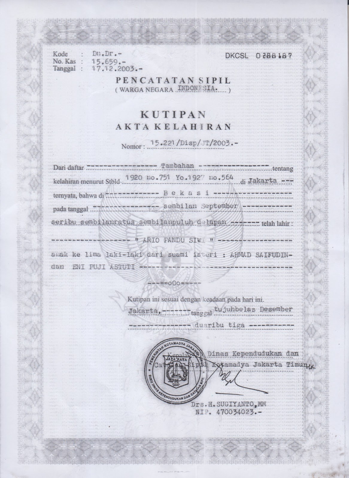 Contoh AKTE KELAHIRAN ~ Kru Mugiwara