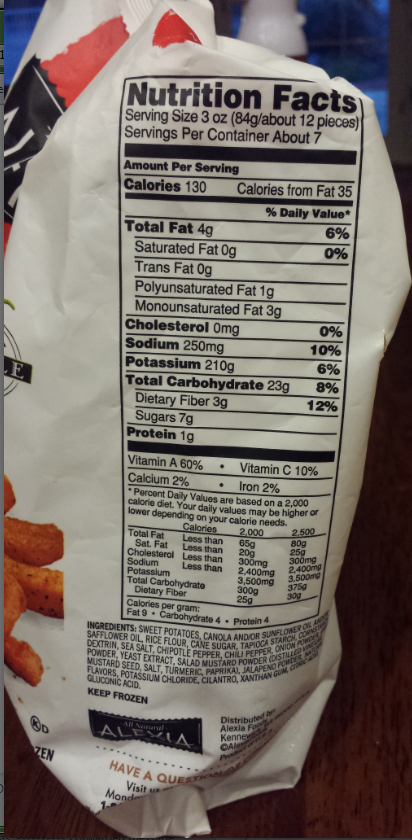 alexia sweet potato fries nutrition label