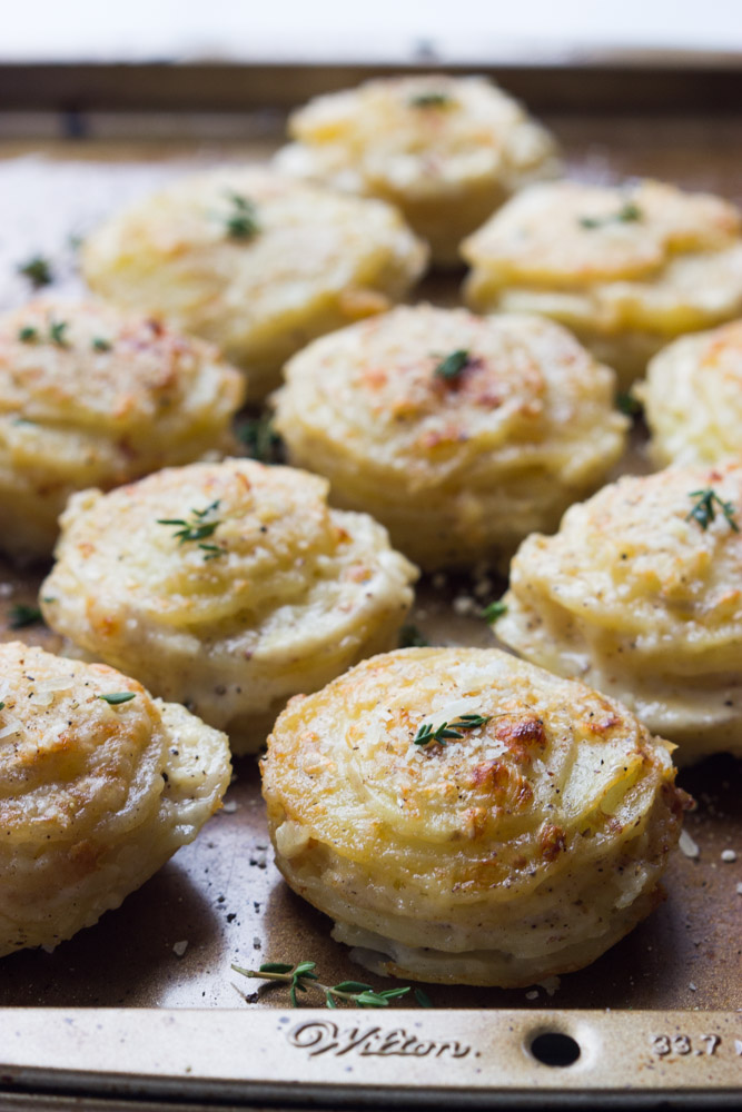 CREAMY POTATO STACKS (GARLIC + THYME + PARMESAN) - FOOD AND DRINK