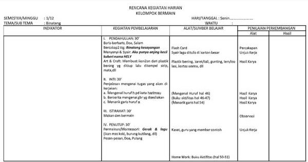 RKH Tema Binatang - Administrasi PAUD