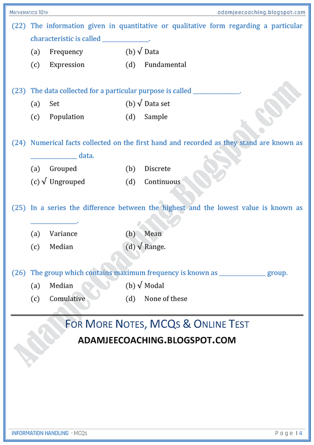 Adamjee Coaching Information Handling Mcqs Mathematics 10th