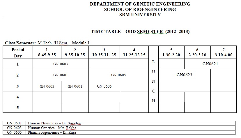 Time table for 2012-2013 ~ Department of Genetic Engineering @ SRM ...