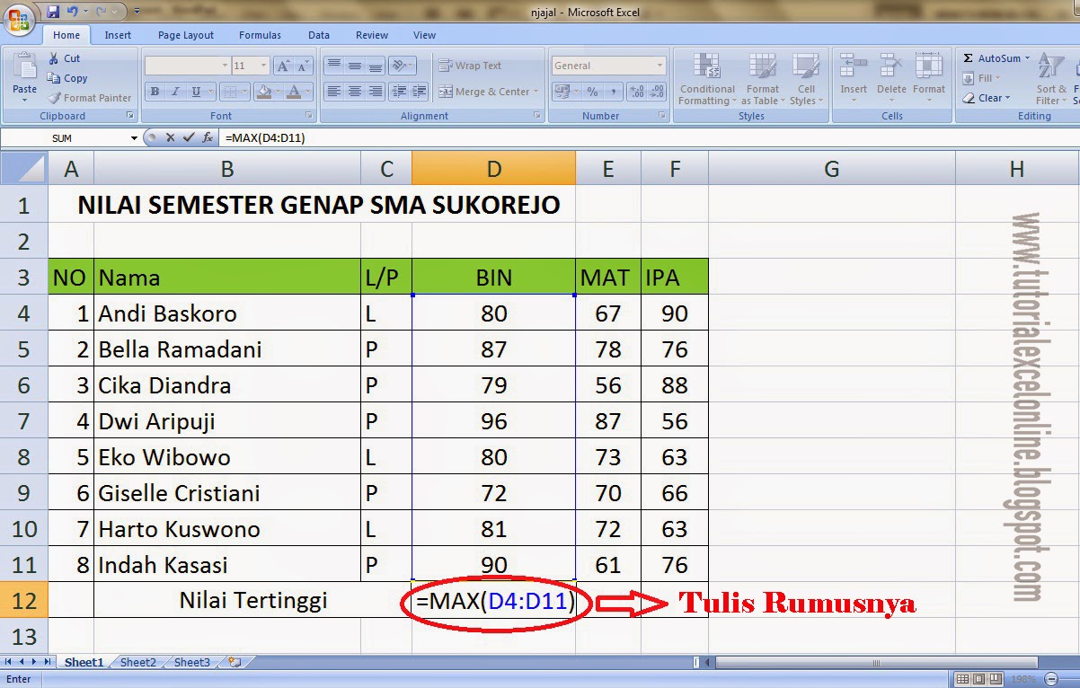 Cara Mudah Mencari Nilai Maksimal Siswa Dengan Rumus Max Tutorial Excel