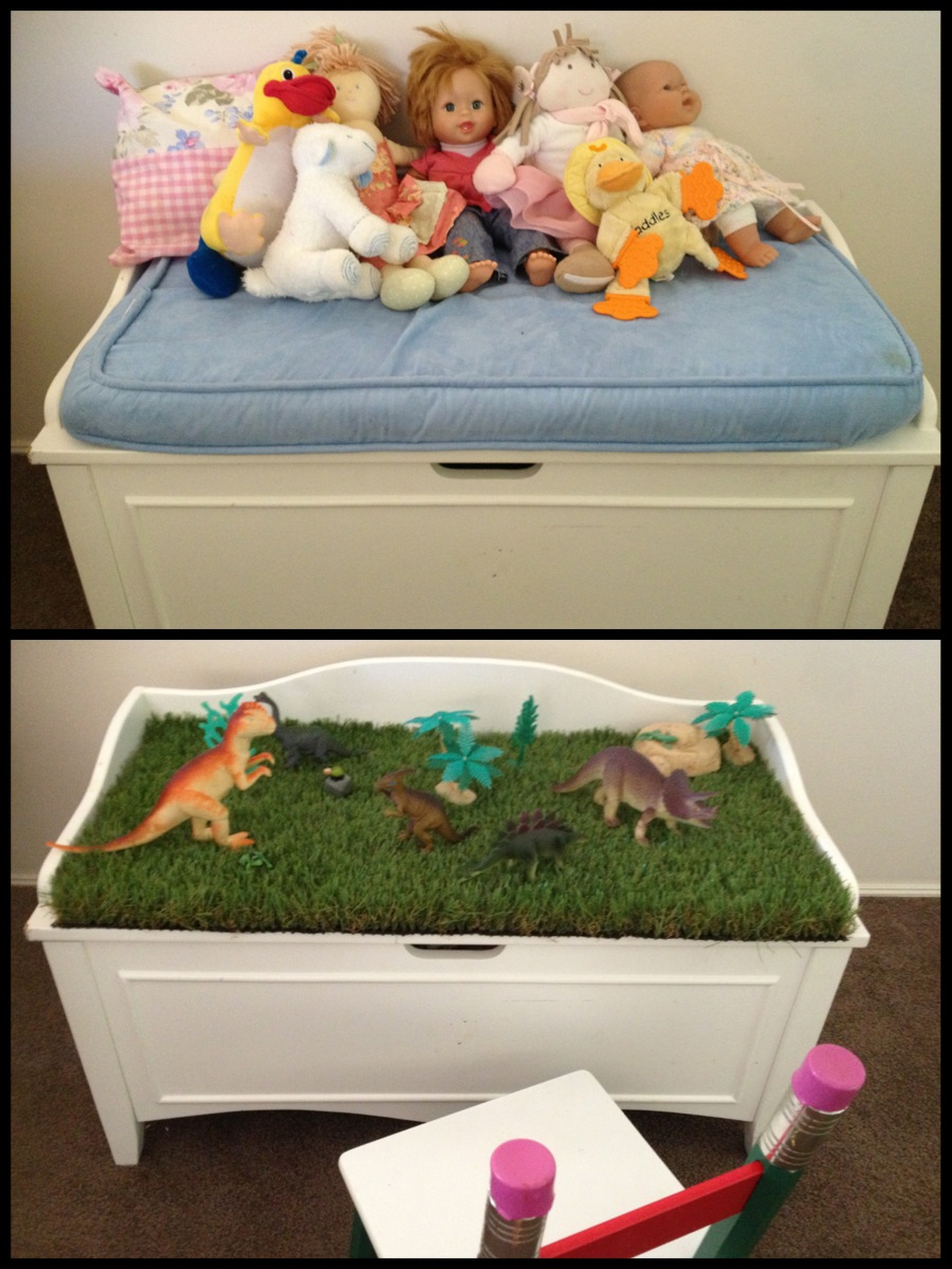 What do you do all day?: Upcycle toy chest to dino world
