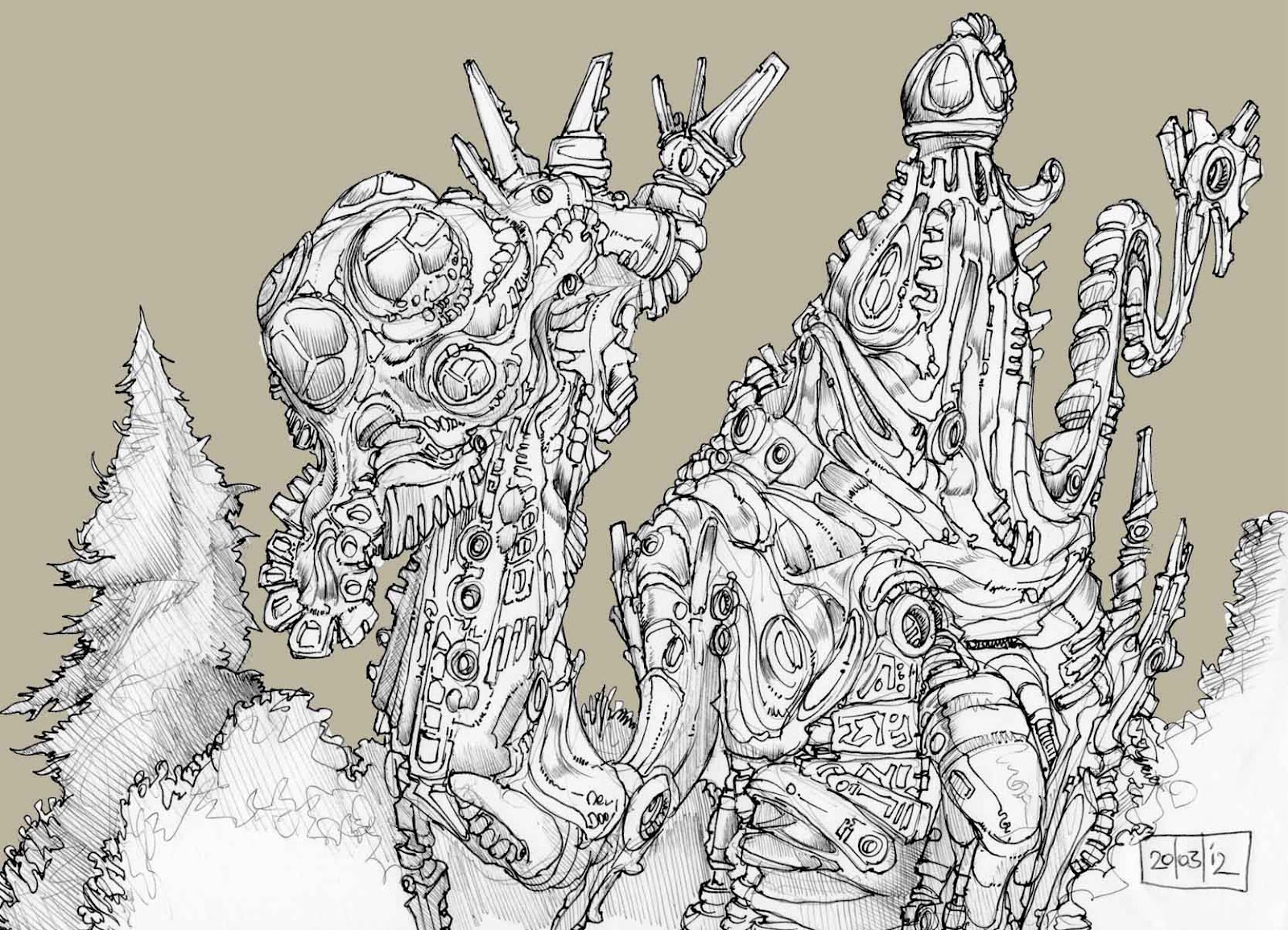 Roland Prinsler: Sketch Sheet / Skizzenblatt: Alien building