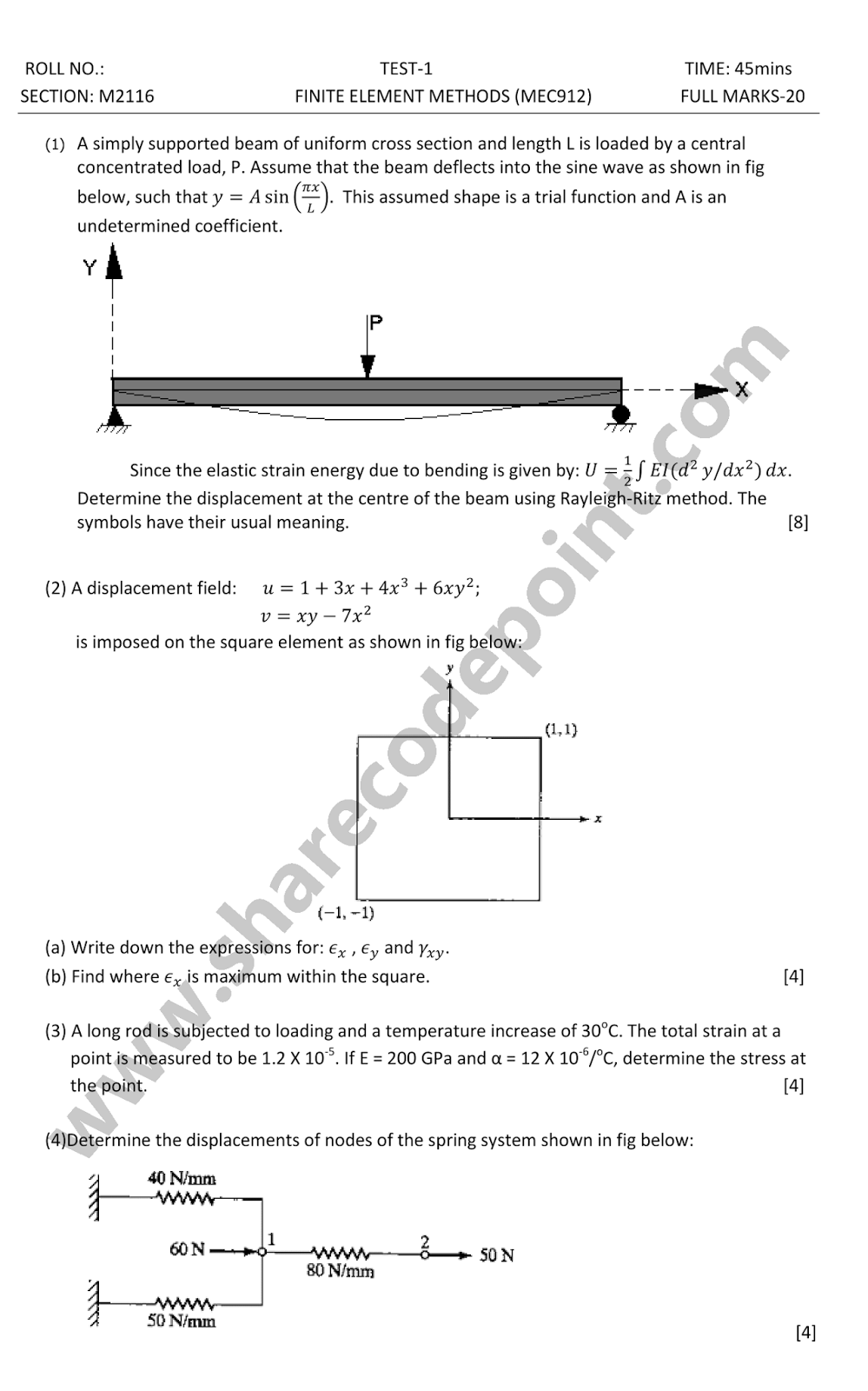 Mec912 Finite Element Methods Class Test Questions Academic Task 1