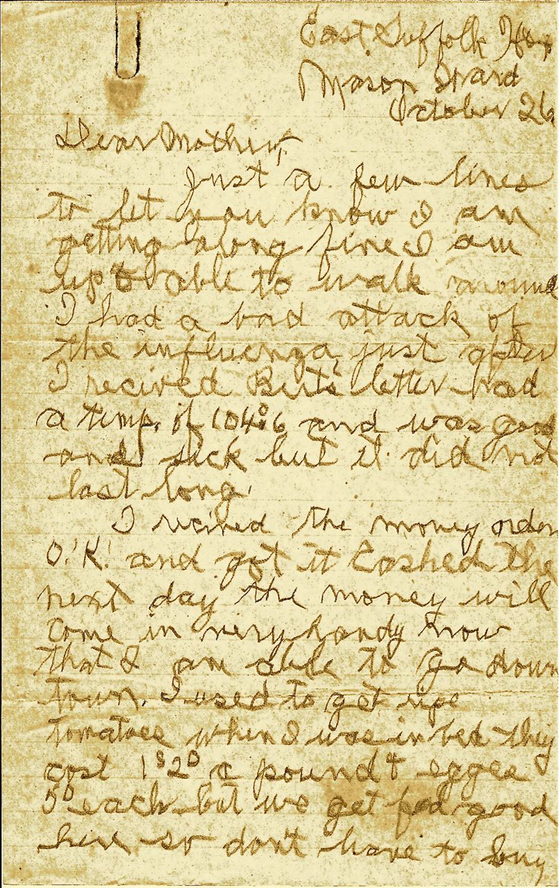 Letters From World War One: October 26, 1918 East Suffolk Hospital, Ipswich