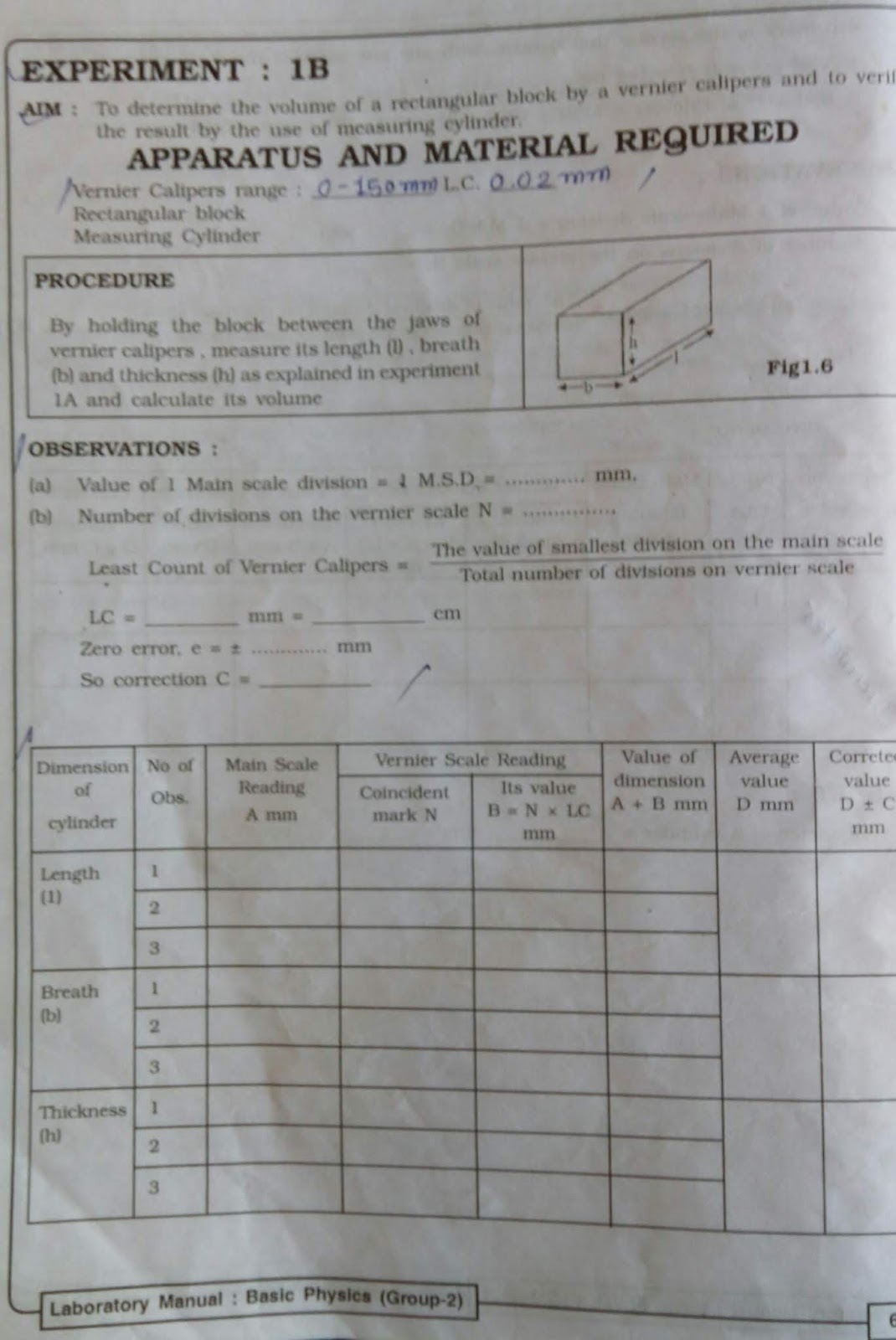 PHYSICS: Experiment 1 : Tables