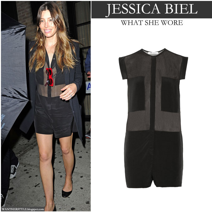 WHAT SHE WORE: Jessica Biel in black silk jumpsuit with sheer top in ...