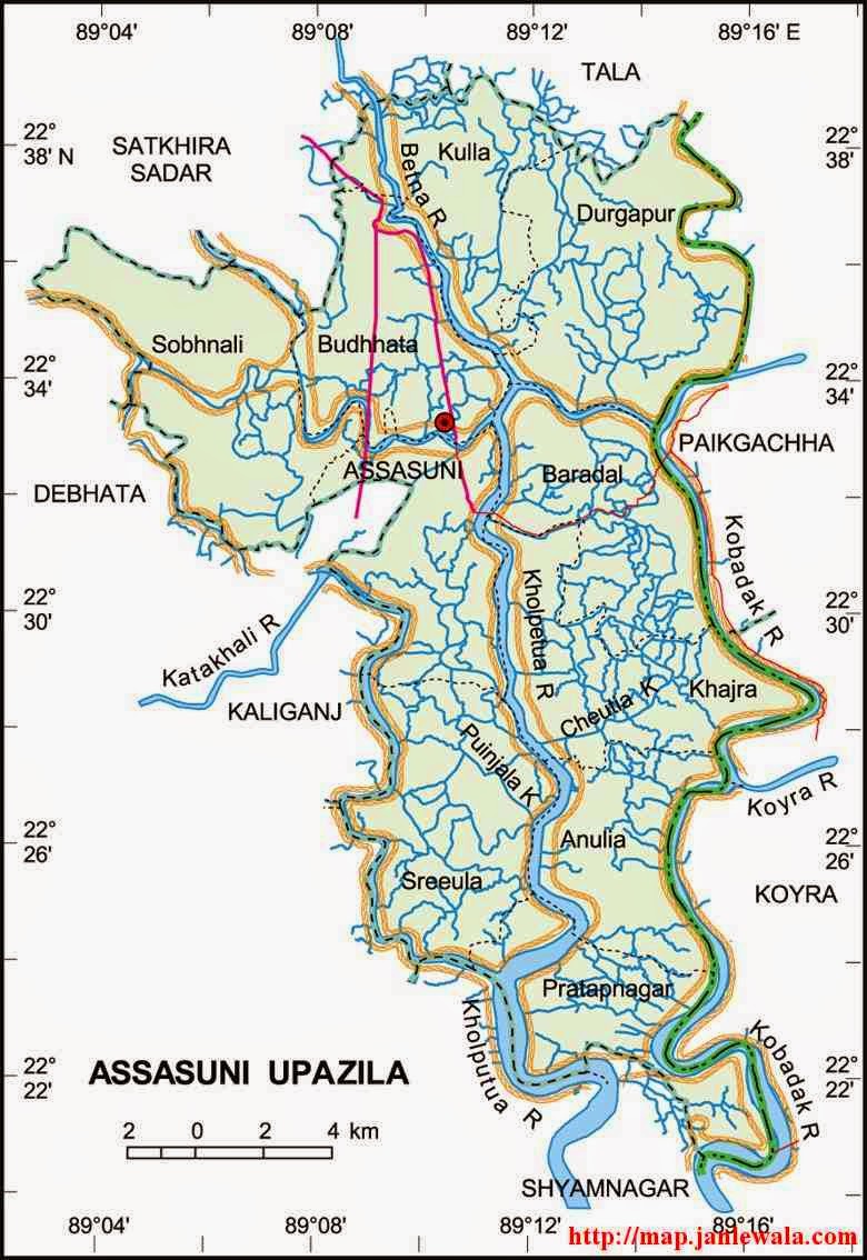 Assasuni Upazila Map, Satkhira District, Bangladesh