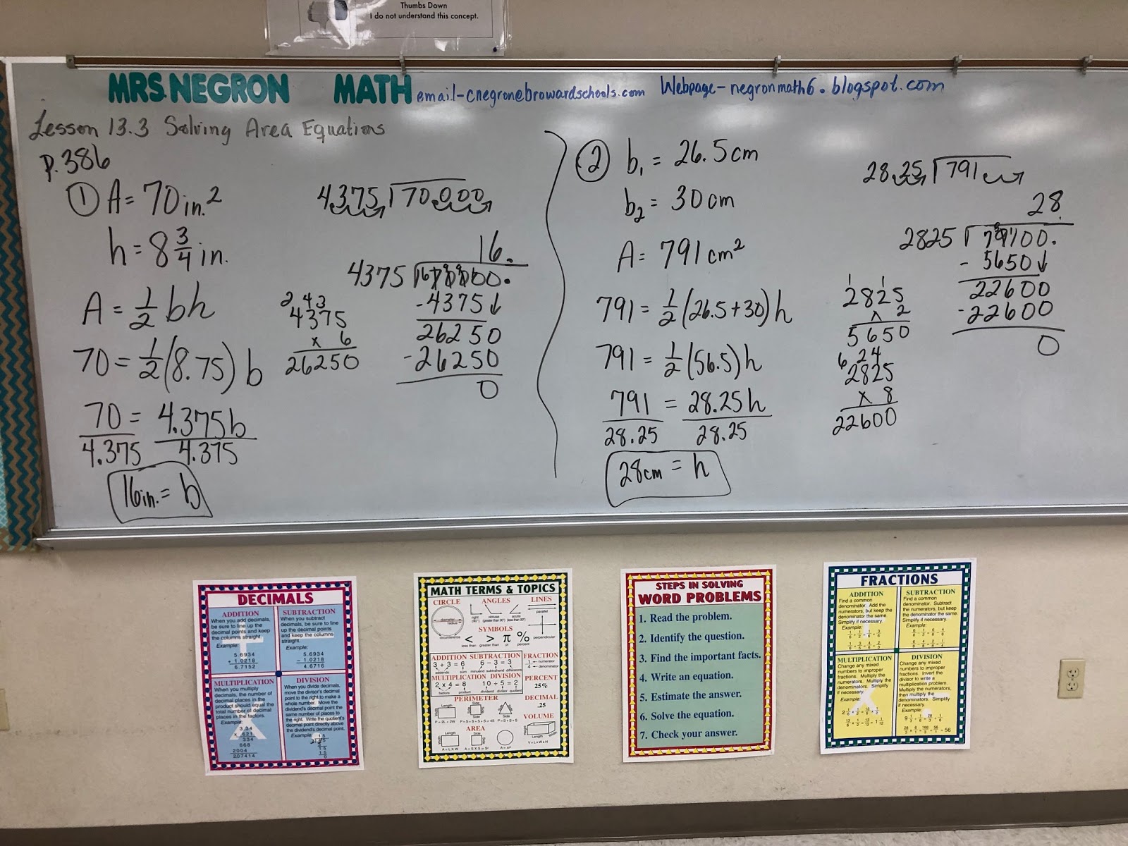 Mrs. Negron 6th Grade Math Class: Lesson 13.3 Solving Area Equations