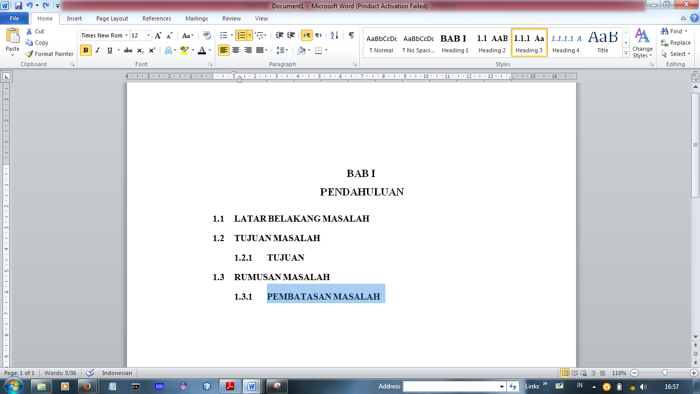 Cara menggunakan Numbering pada JUDUL BAB, Sub Bab dan Sub sub bab
