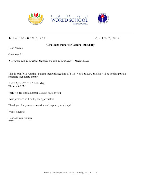 Birla World School Oman: Circular-Parents General Meeting