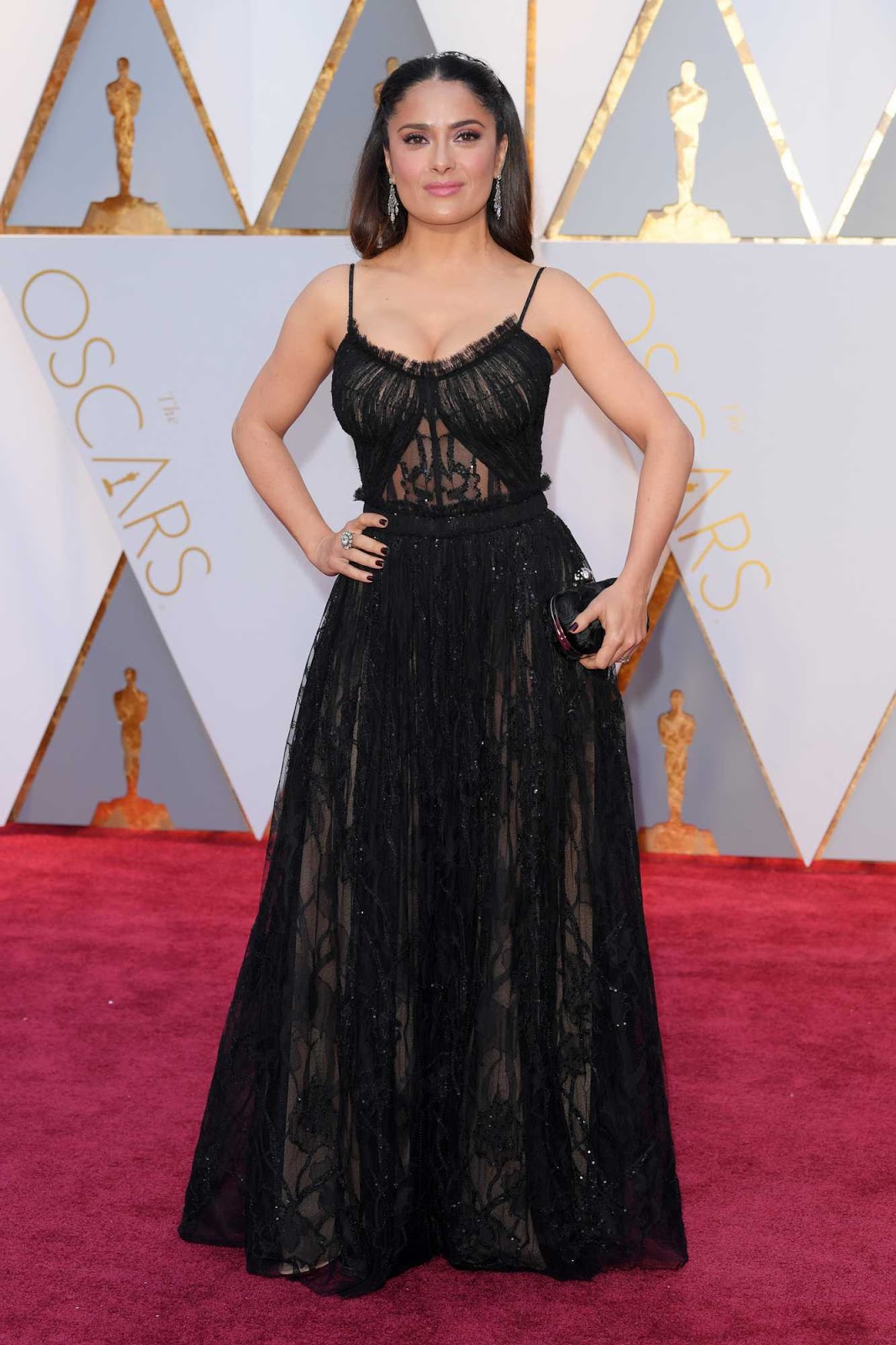 Salma Hayek bares cleavage in lace gown at the 2017 Oscars
