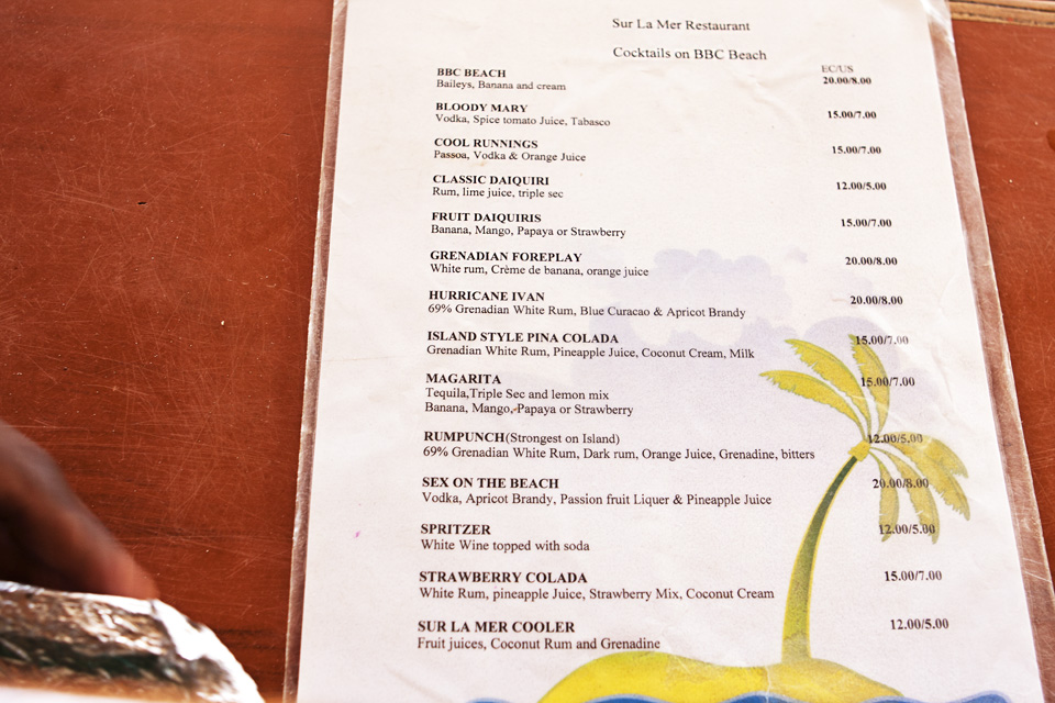 hello grenada, see you later america: Sur La Mer Bar and Restaurant menu